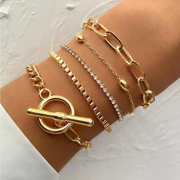 Jewelry | New Rhinestone Gold Chain Bracelet Set | Poshmark